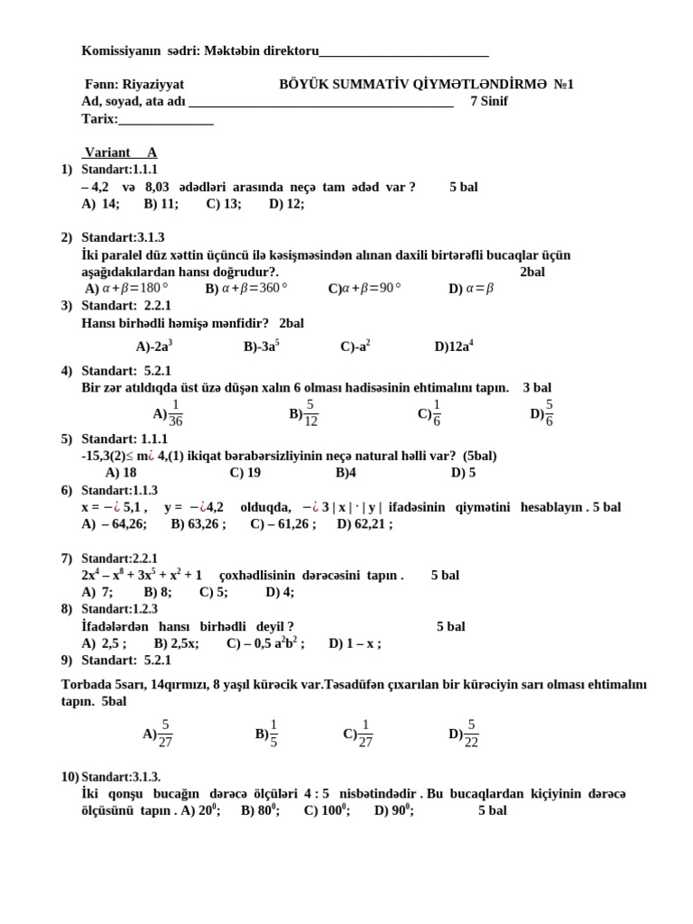 7 Sinif BSQ 1 Sual 20 Z. Gülmirə | PDF