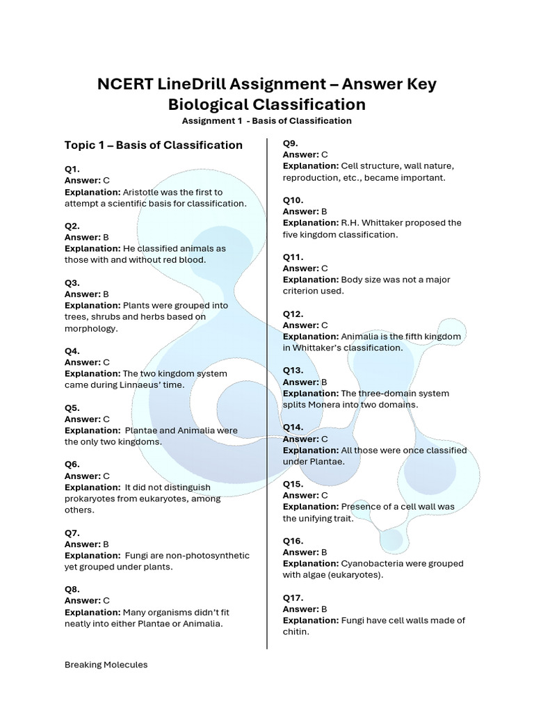 NCERT LineDrill 1 - Biological Classification (Ans Key) | PDF | Taxonomy (Biology) | Biological ...