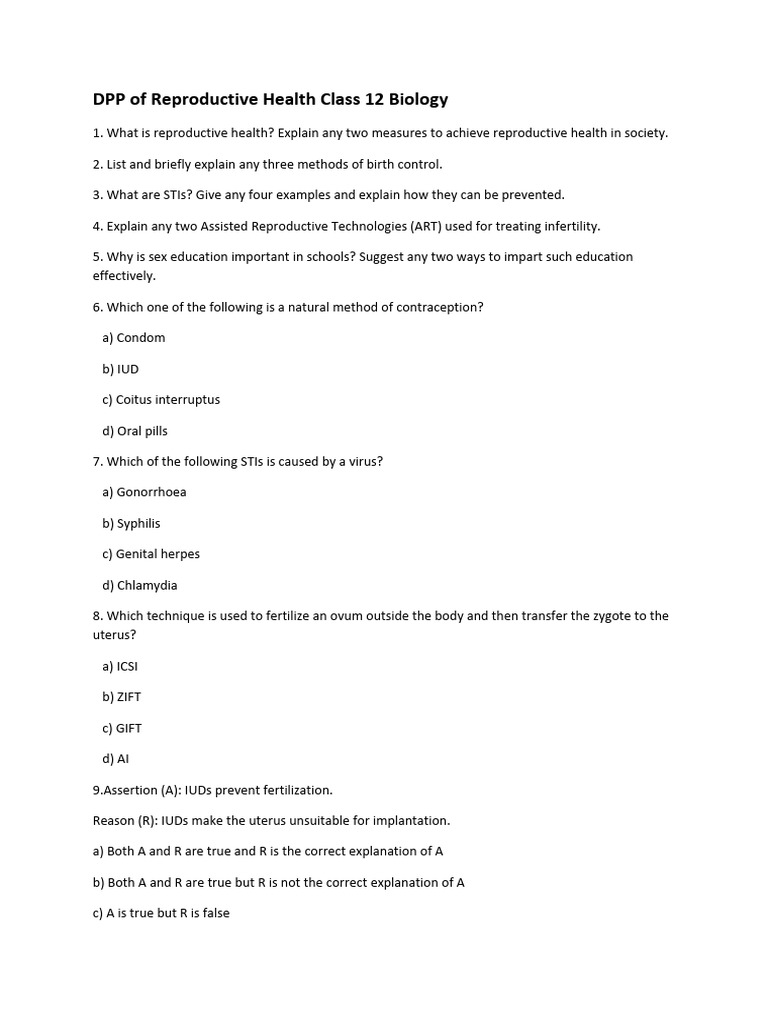 DPP 22 Reproductive Health Class 12 Biology | PDF