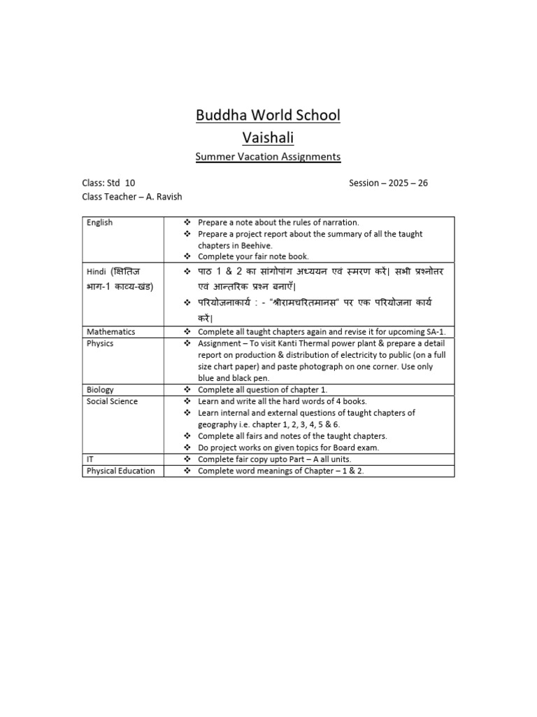 Summer Vacation Holiday Homework STD 10 | PDF