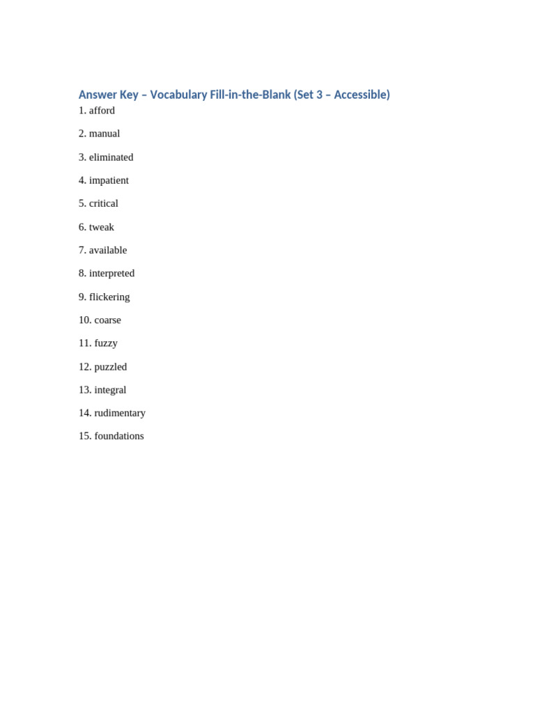 Vocabulary Fill in The Blank Answer Key Set3 Accessible | PDF