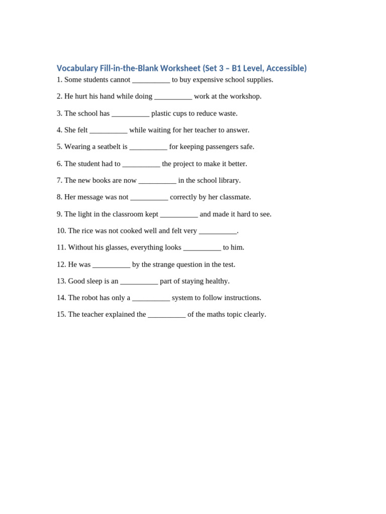 B1 Vocabulary Fill-in-the-Blank Worksheet | PDF