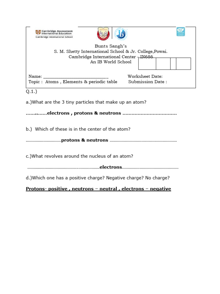 Atoms, Elements & Periodic Table Worksheet No.1 MS | PDF | Atoms ...