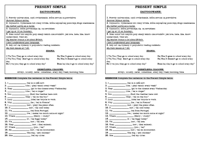 1.1 Present Simple (Grammar Handout) A2 | PDF