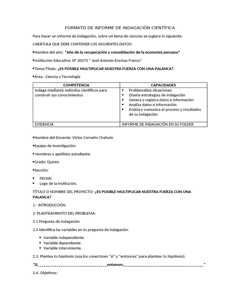 Formato de Informe de Indagación Científica | PDF | Hipótesis | Ciencia ...