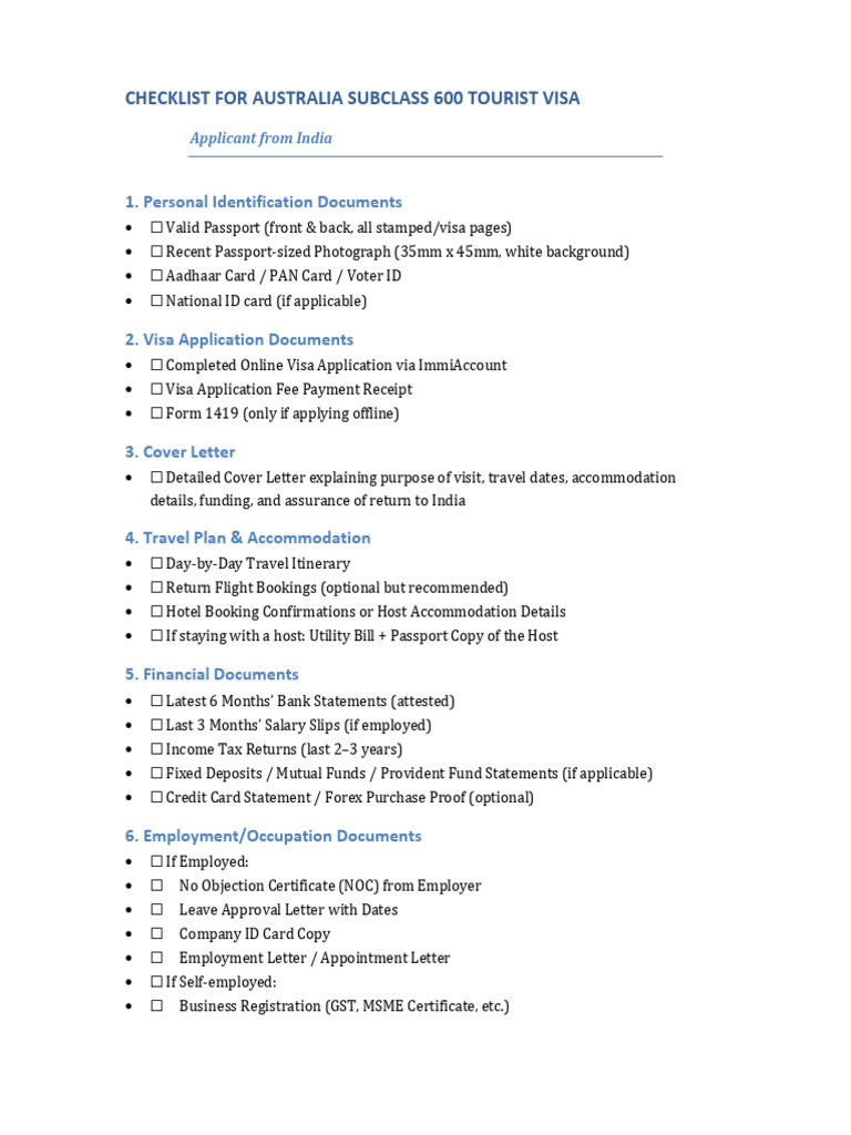 Australia Subclass 600 Visa Checklist | PDF | Identity Document | Travel Visa
