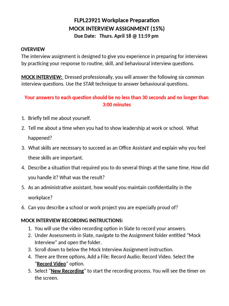 Mock Interview Assignment and Rubric Updated Winter 2024 | PDF