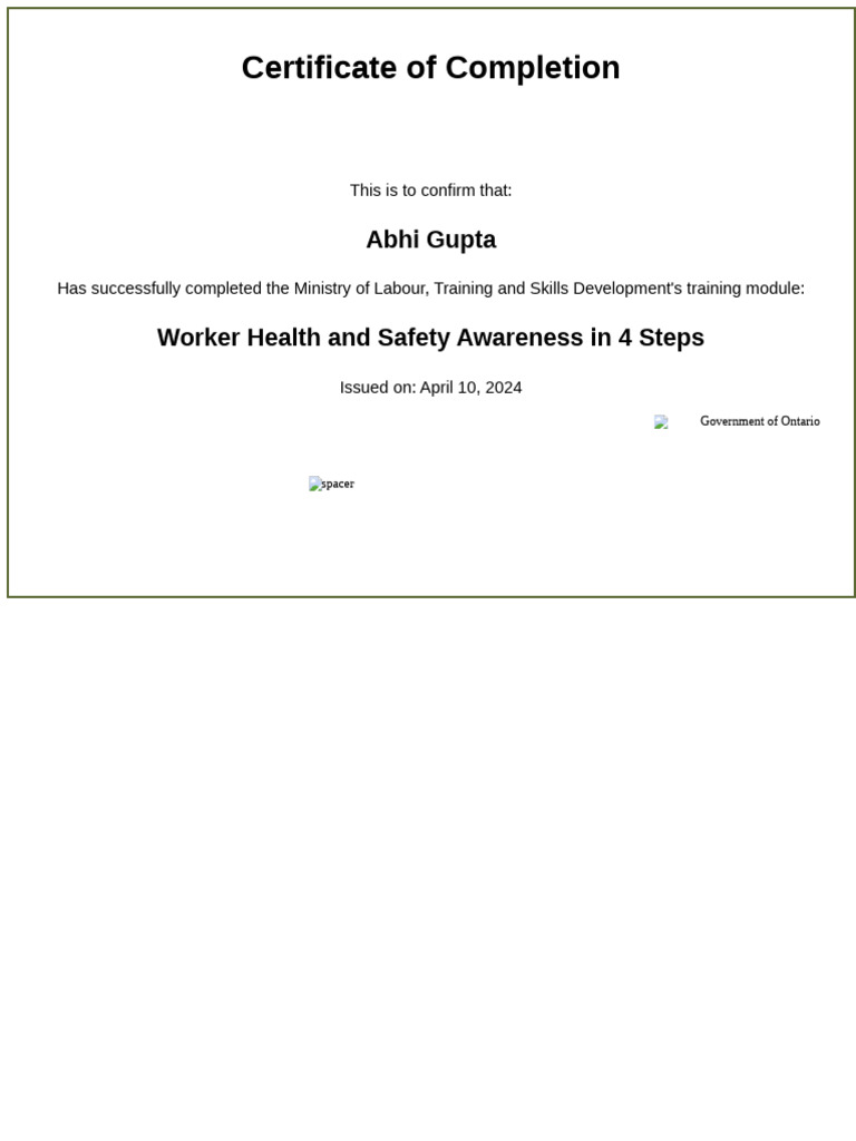 Ontario Worker Safety Training Certificate | PDF