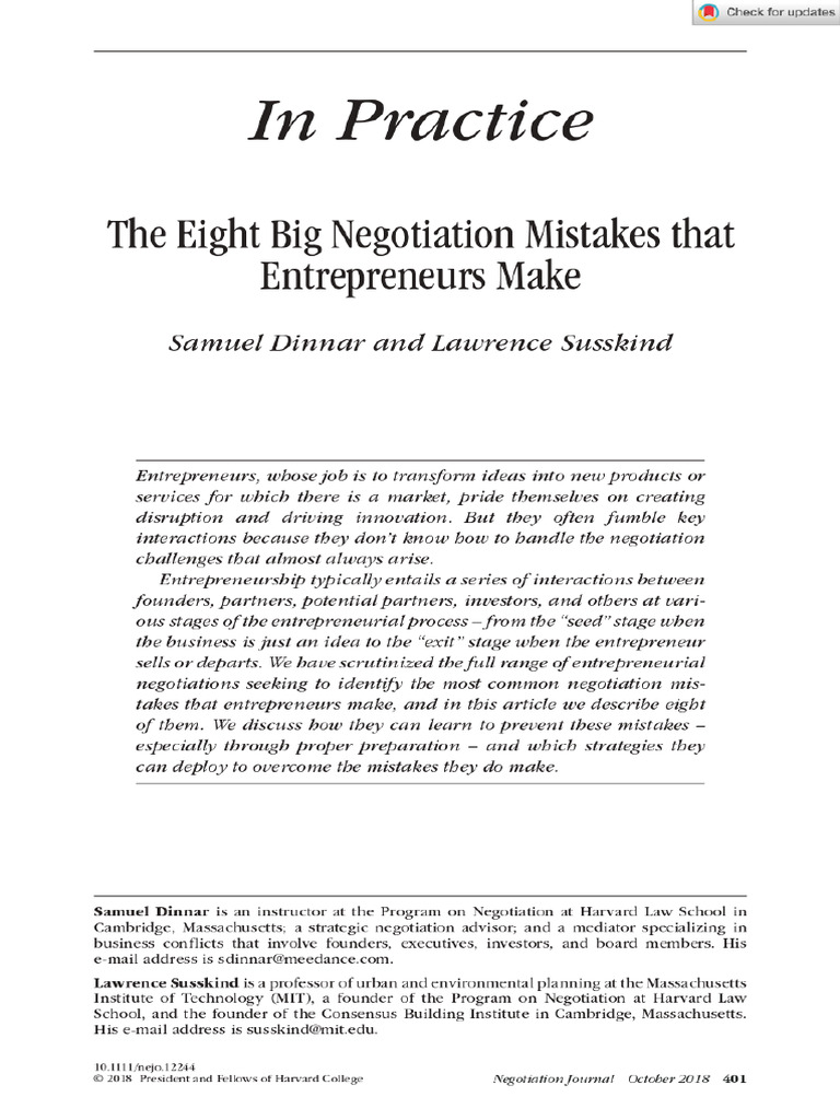 The Eight Big Negotiation Mistakes | PDF | Entrepreneurship | Negotiation