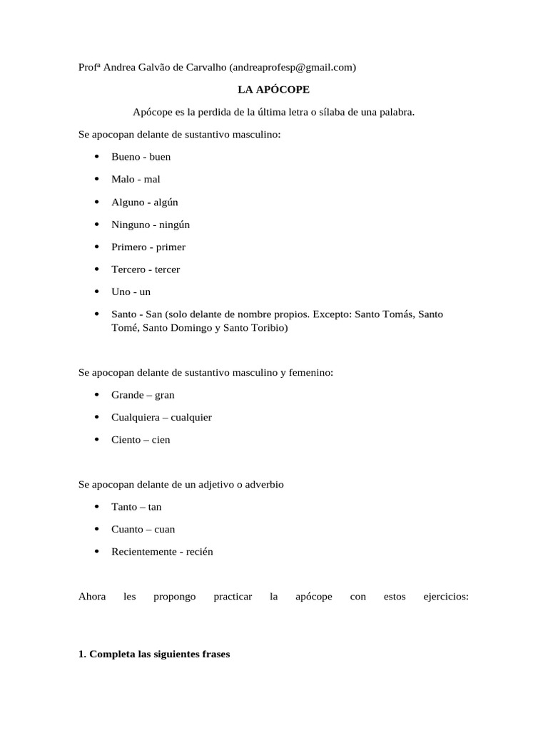 Ejercicios sobre la Apócope en Español | PDF