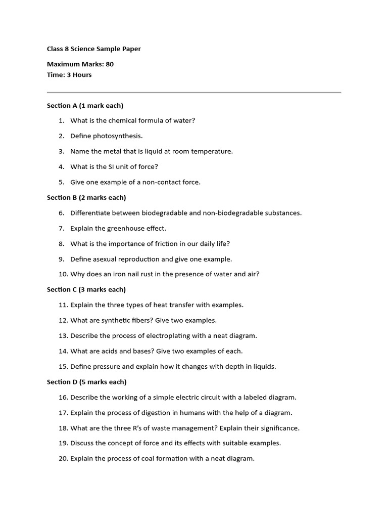 Class 8 Science Sample Paper | PDF