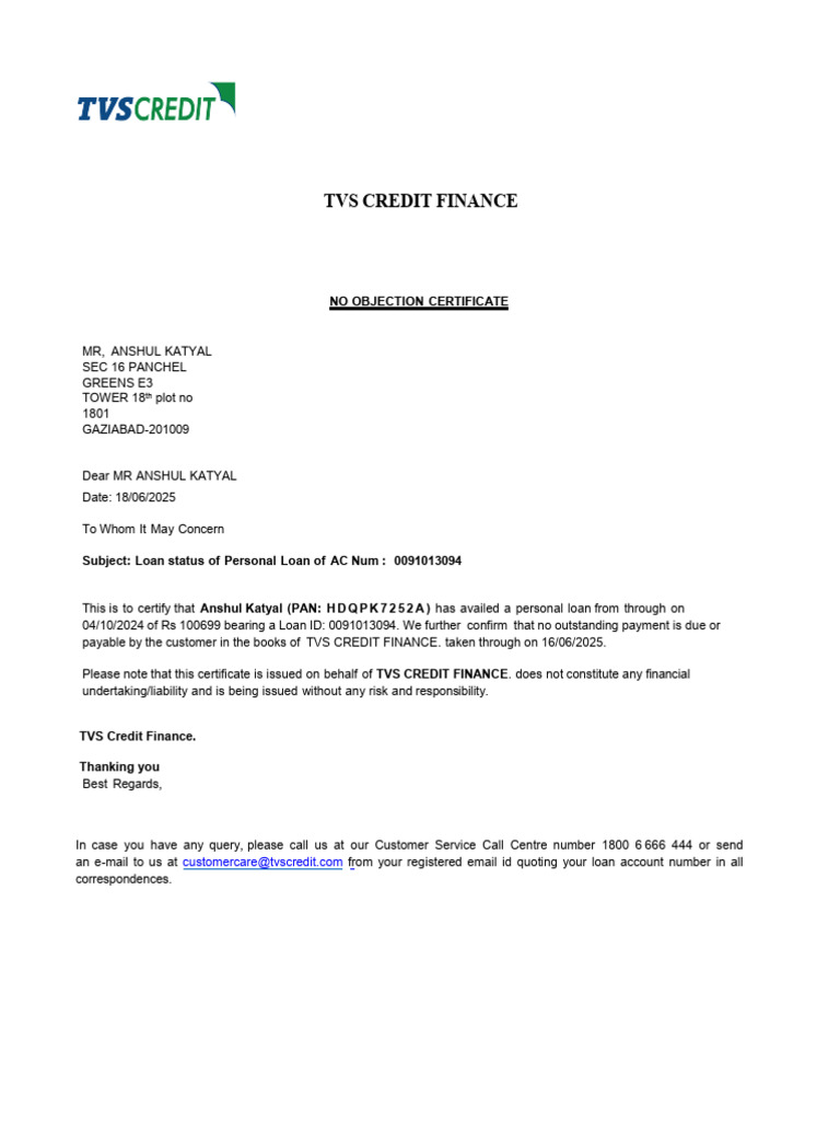 TVS Credit No Objection Certificate | PDF