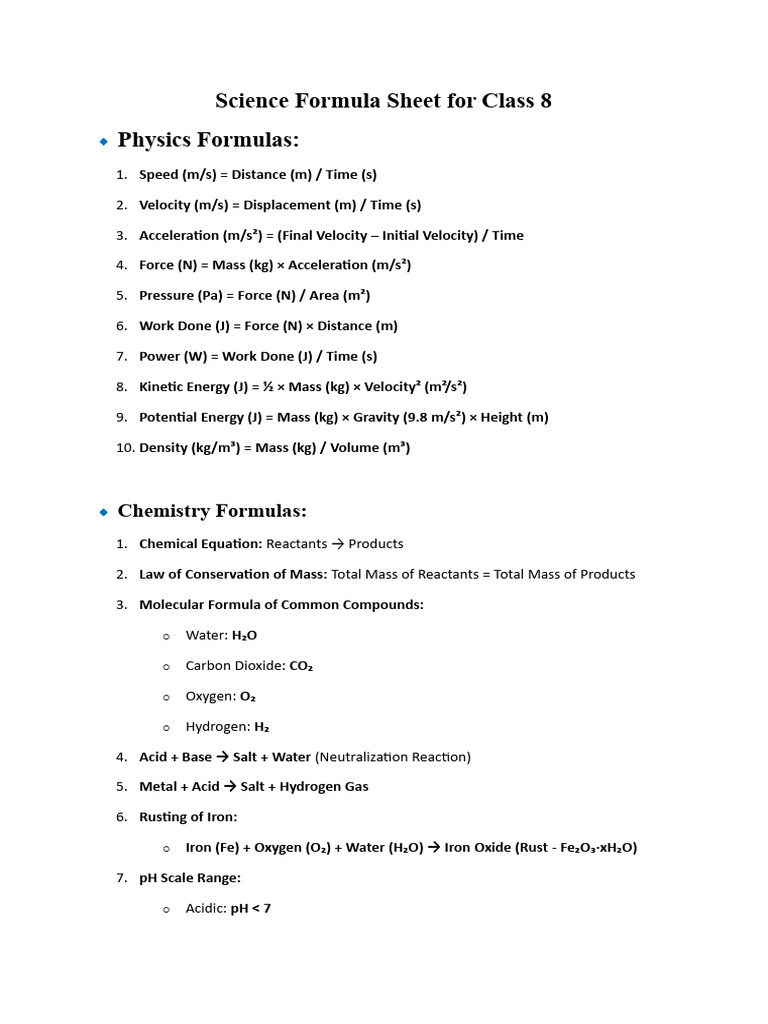 Science Formula Sheet For Class 8 | PDF