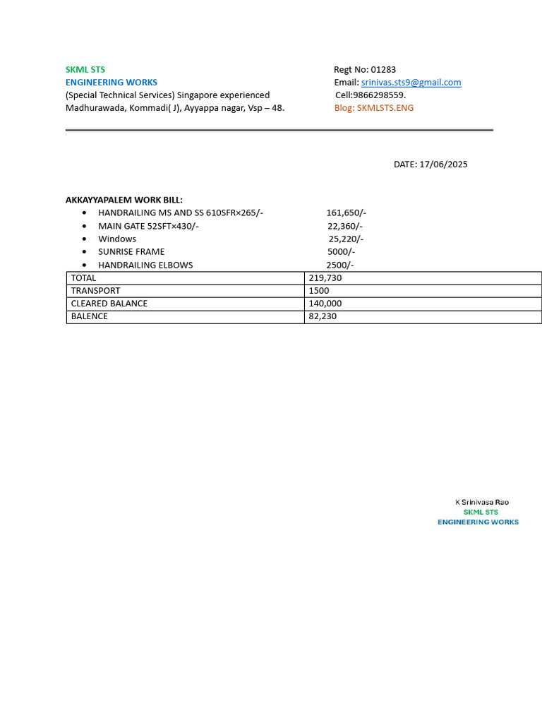 Akkayyapalem Work Bill Summary | PDF