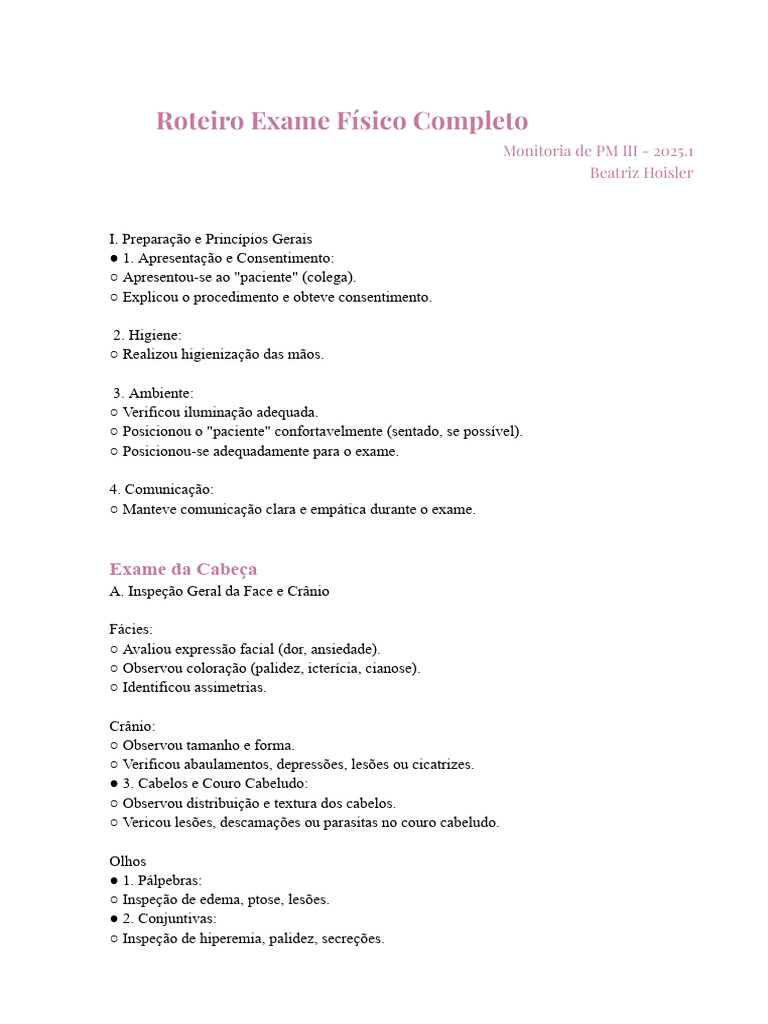 Roteiro Exame Físico Completo | PDF | Anatomia humana | Anatomia animal