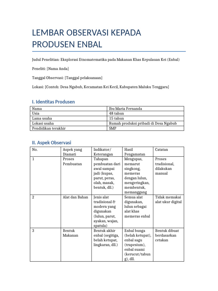 Lembar Observasi Produsen Enbal Terisi | PDF