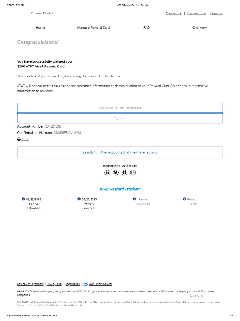 AT&T Reward Center - Receipt | PDF | Visa Inc. | Debit Card