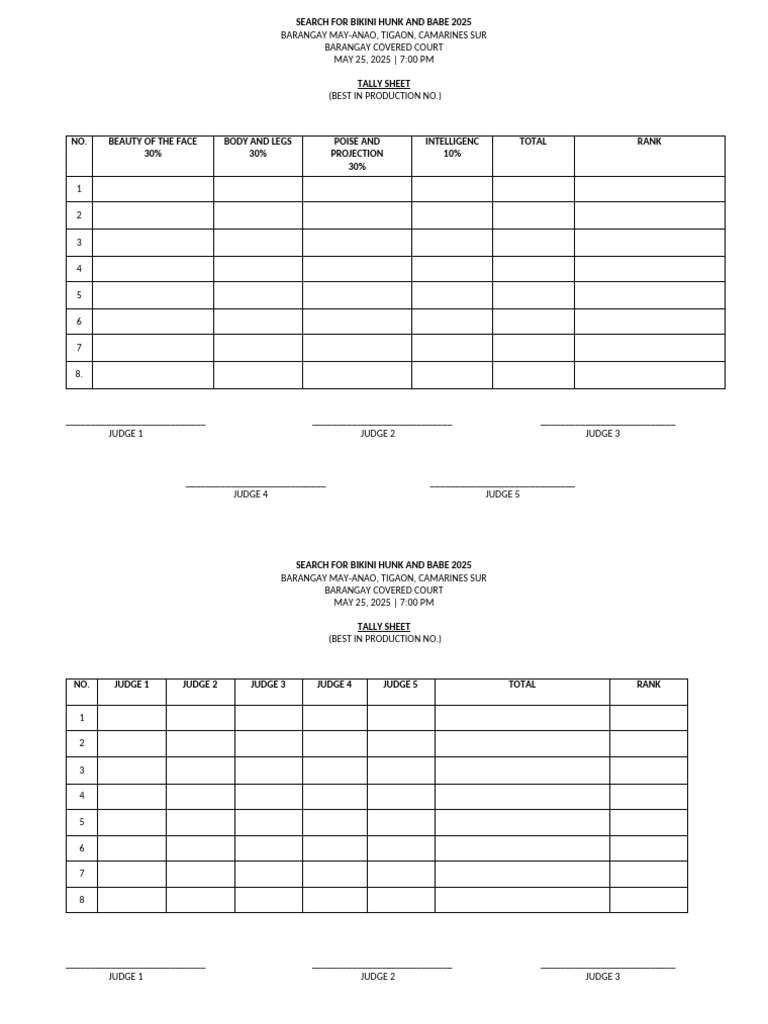 Bikini Hunk and Babe 2025 Tally Sheet | PDF