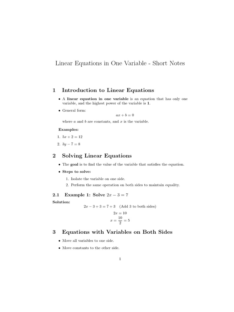 Linear - Expression in One Variable | PDF | Equations | Variable (Mathematics)