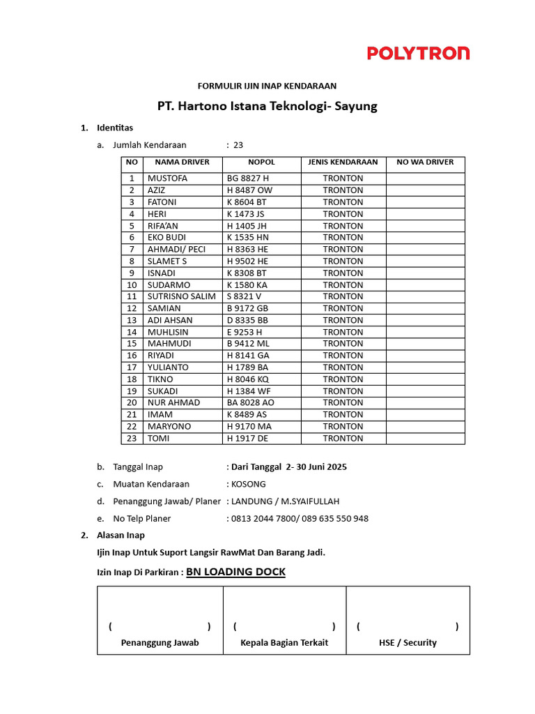 Formulir Ijin Inap Kendaraan BN Loding Dock-10 | PDF