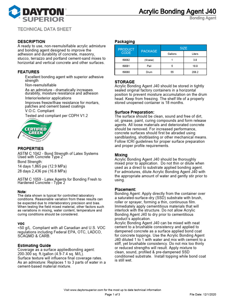Dayton Superior - J-40 Data Sheet | PDF | Concrete | Cement