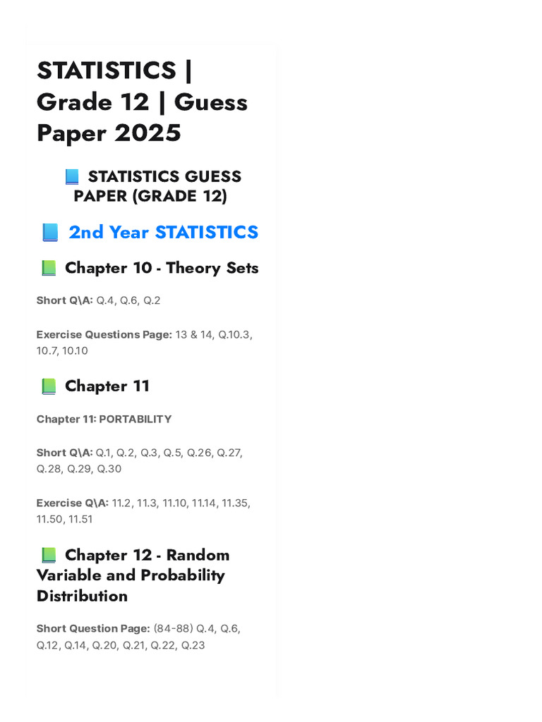 Statistics - Grade 12 - Guess Paper 2025 | PDF