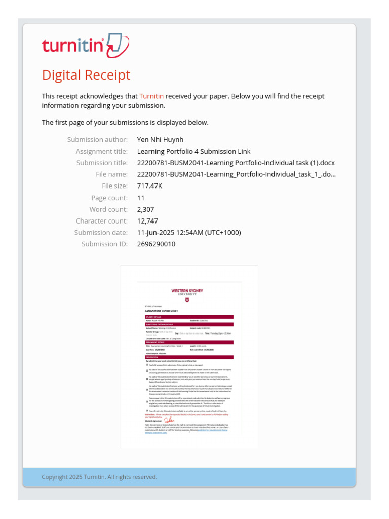 Receipt - 22200781 BUSM2041 Learning Portfolio Individual Task | PDF