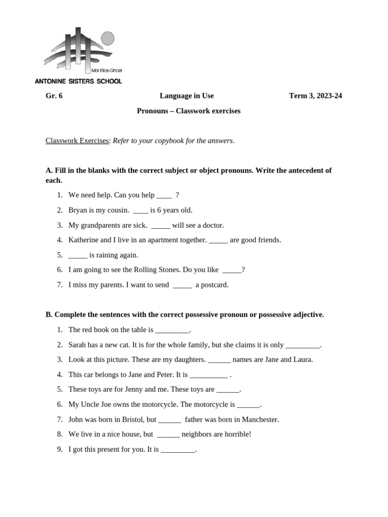 Gr. 6 - Classwork Exercises - Pronouns - Term 3, 2023-24 | PDF