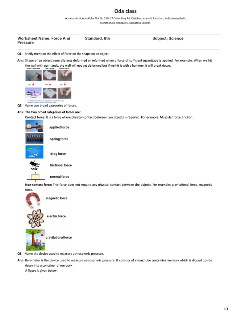Force and Pressure Class 8 | PDF