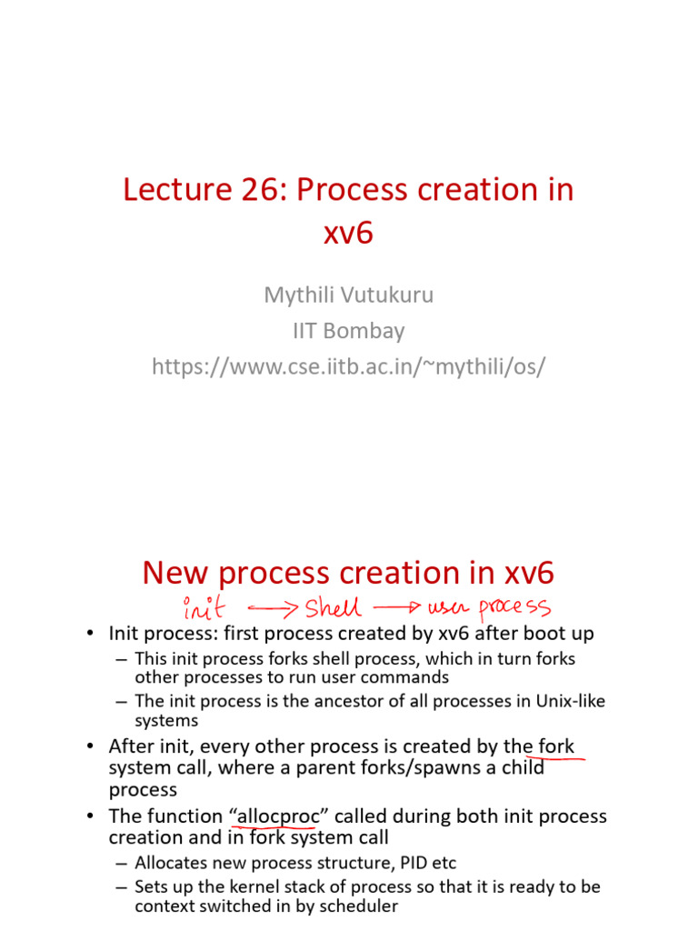 OS Lecture26 User Process Creation in Xv6 | PDF | Process (Computing) | Computing