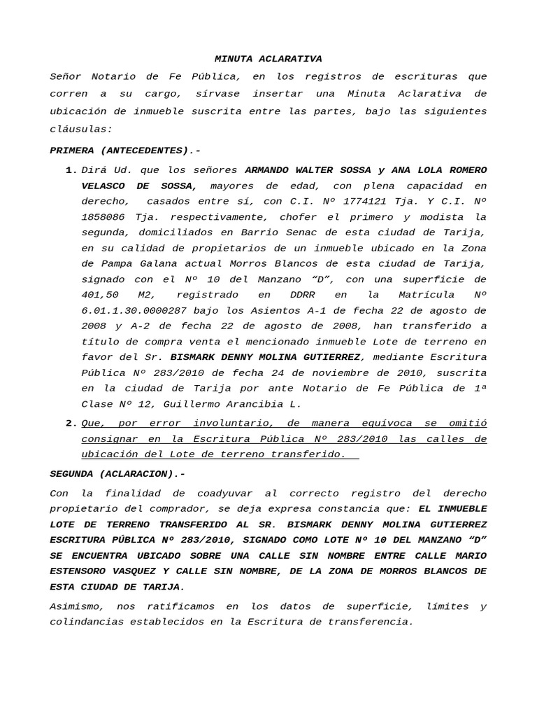 Minuta Aclarativa de Ubicacion | PDF | Derecho Civil (Common Law)