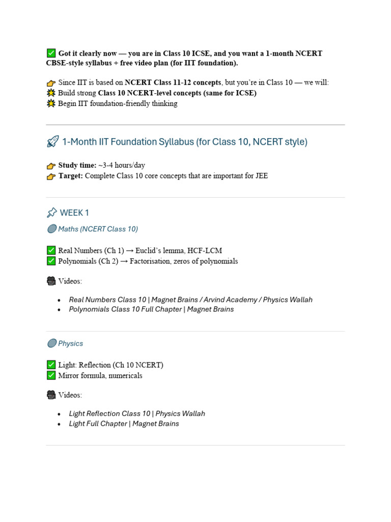 1-Month IIT Foundation Syllabus (For Class 10, NCERT Style) : Week 1 | PDF