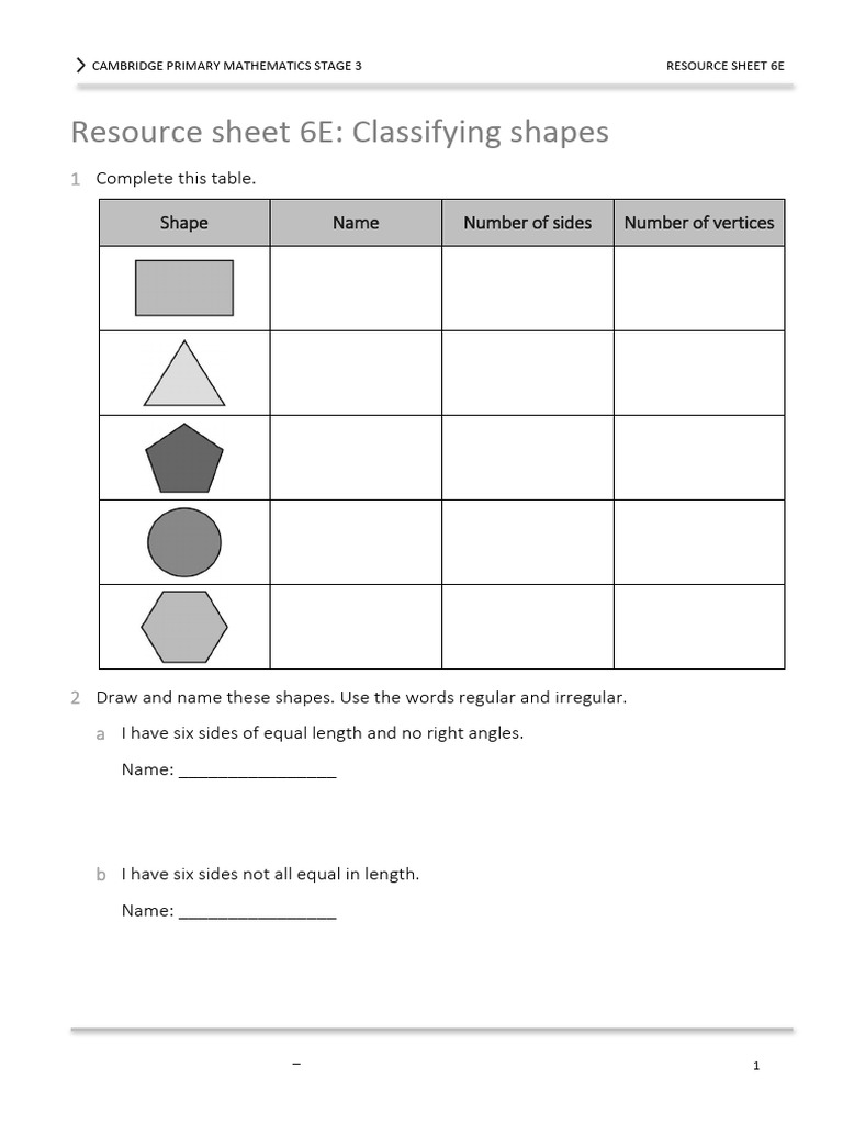 Classifying Shapes Resource Sheet 6E | PDF