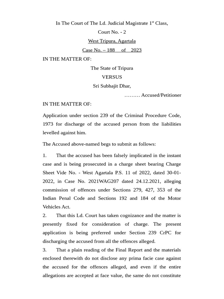 Discharge Application in IPC Case 188/2023 | PDF | Mens Rea | Misconduct