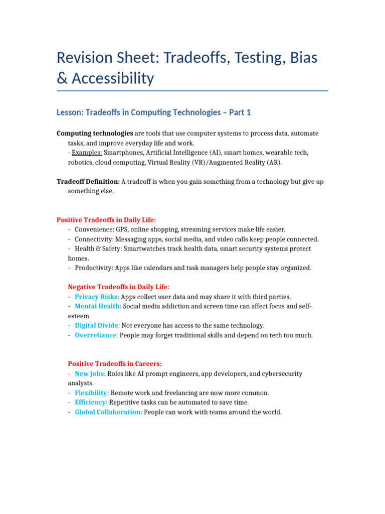 APCSP Detailed Revision Sheet Tradeoffs Testing Bias | PDF | Artificial ...