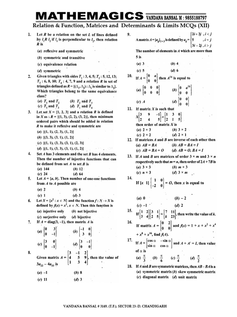 Relation & Function, Matrices and Determinants & Limits MCQs (XII) | PDF | Chess Theory | Chess