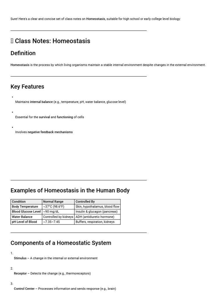 Homeostasis Class Notes | PDF