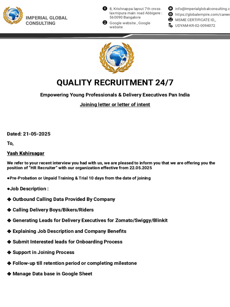 Yash Kshirsagar. Joining Letter | PDF | Salary | Labor Relations