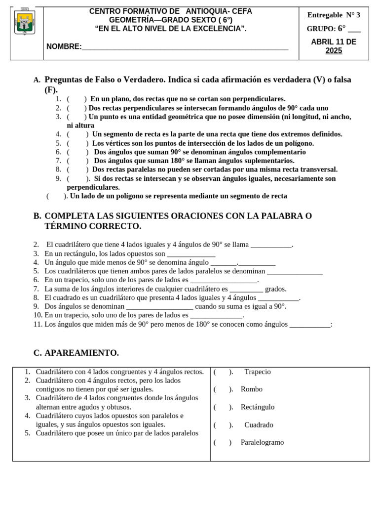 Preguntas de Geometría para Sexto Grado | PDF | Ángulo | Rectángulo