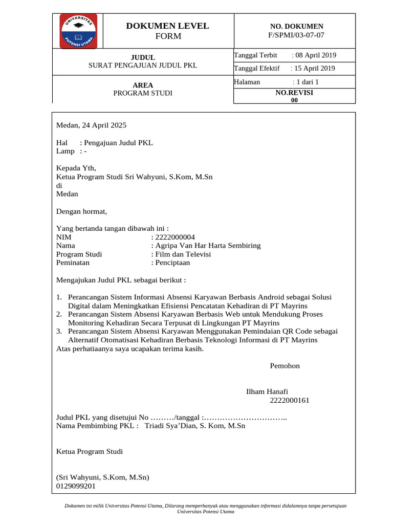 Surat Pengajuan Judul PKL Agripa-2 | PDF