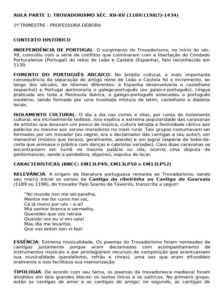 AULA PARTE 1 - TROVADORISMO - Resumo e Lista | PDF