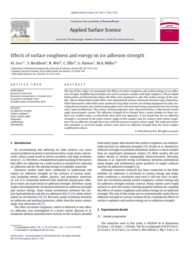 Effects of Surface Roughness and Energy On Ice Adhesion Strength | PDF | Wetting | Scanning ...