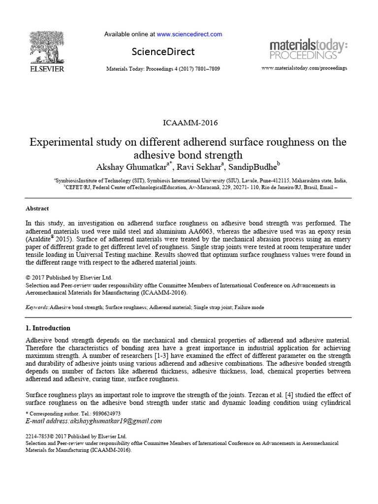 Experimental Study On Different Adherend Surface Roughness On The ...