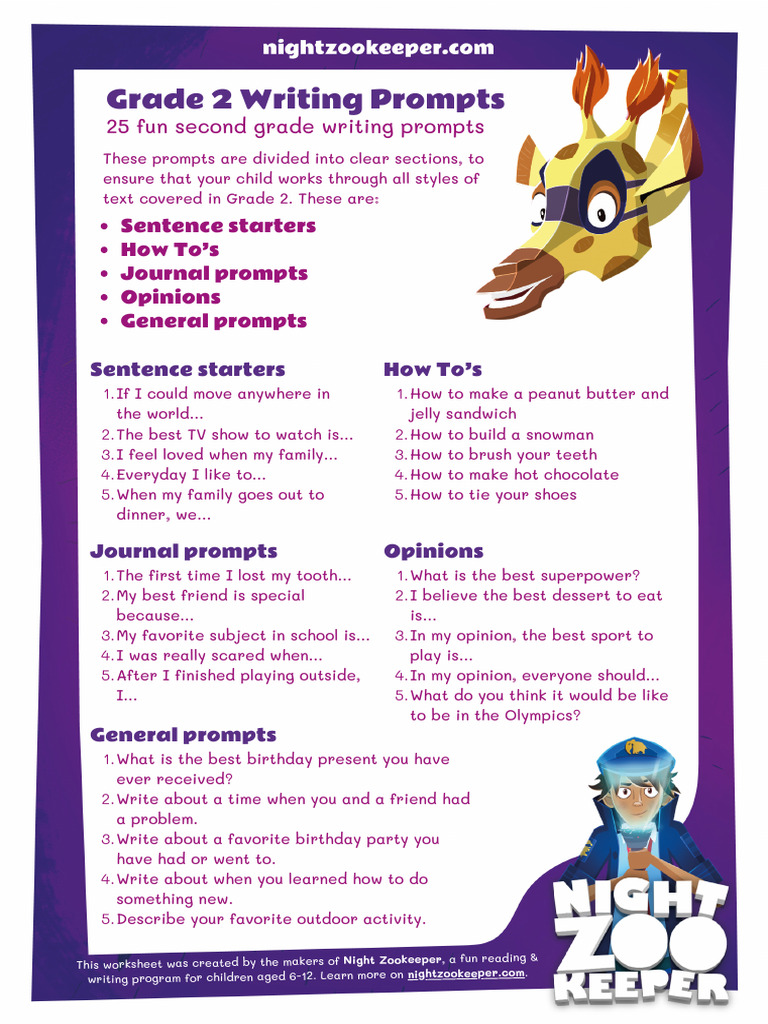 Grade 2 Writing Prompts - Night Zookeeper | PDF