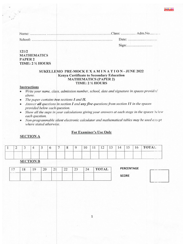 Sukellimo Math Pp2 Ms Teacher Co Ke | PDF