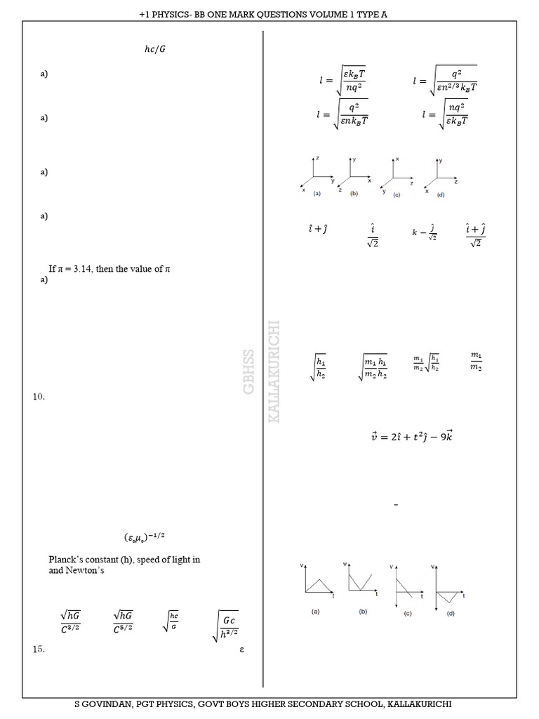 One Mark Physics Questions Volume 1 | PDF | Force | Velocity