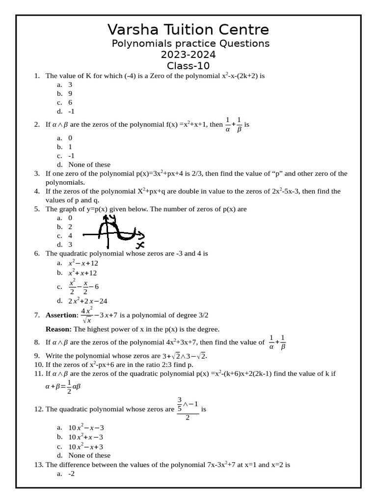 Class 10 Polynomial Practice Questions | PDF | Zero Of A Function ...