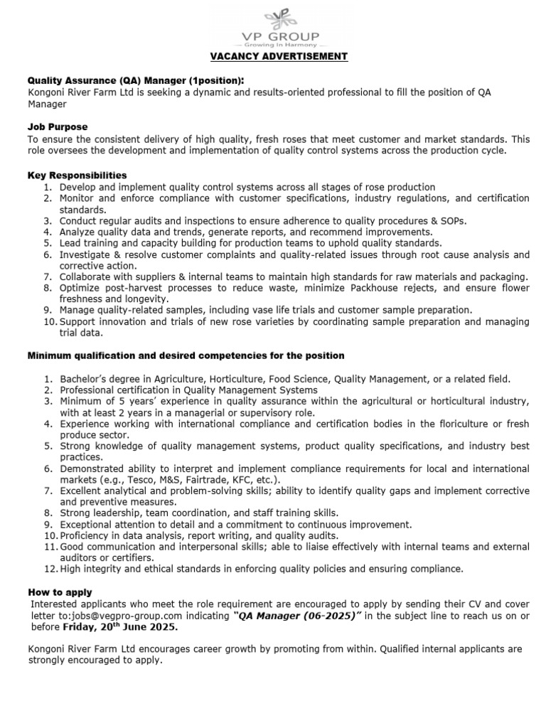 QA Manager Position at Kongoni River Farm | PDF | Quality Assurance | Audit