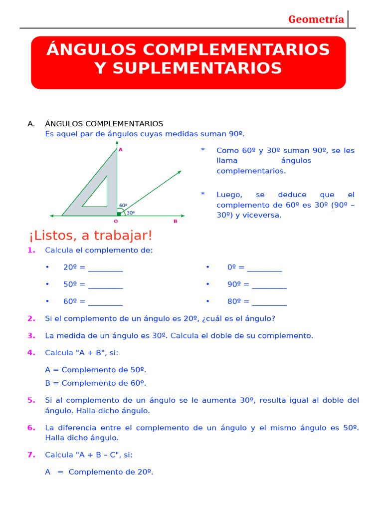 Ángulos Complementarios y Suplementarios para Sexto Grado de Primaria ...