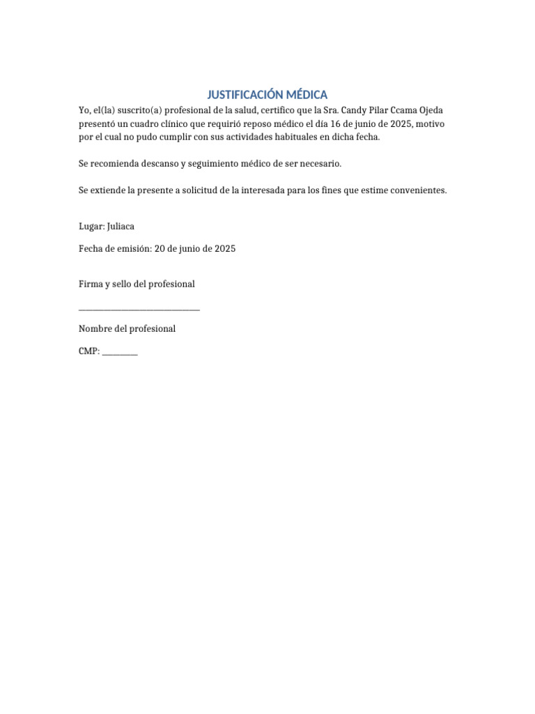 Justificacion Medica Candy Ccama Ojeda | PDF